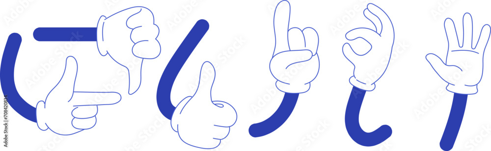 Five blue hands showing different signs. Various hand gestures thumbs ...