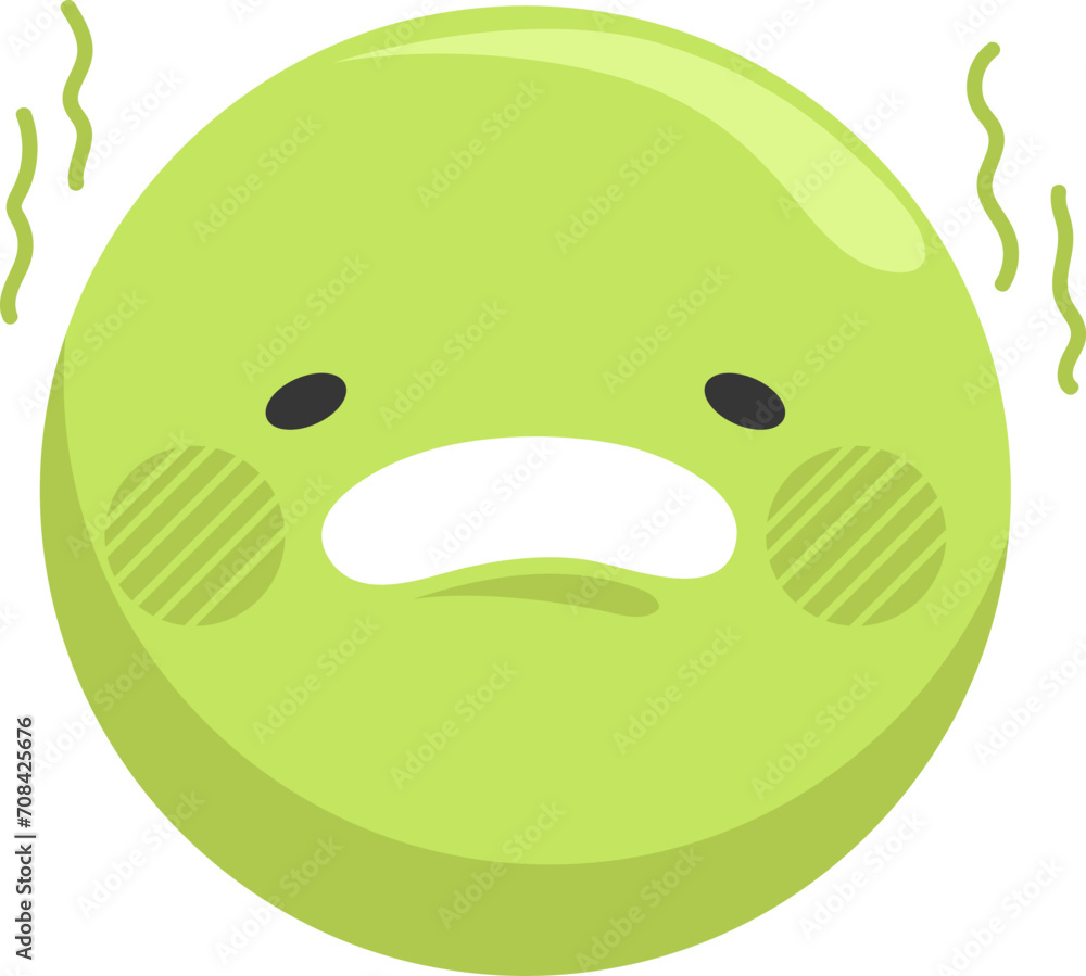Green sick emoji with a sad face and forehead thermometer. Cartoon ...