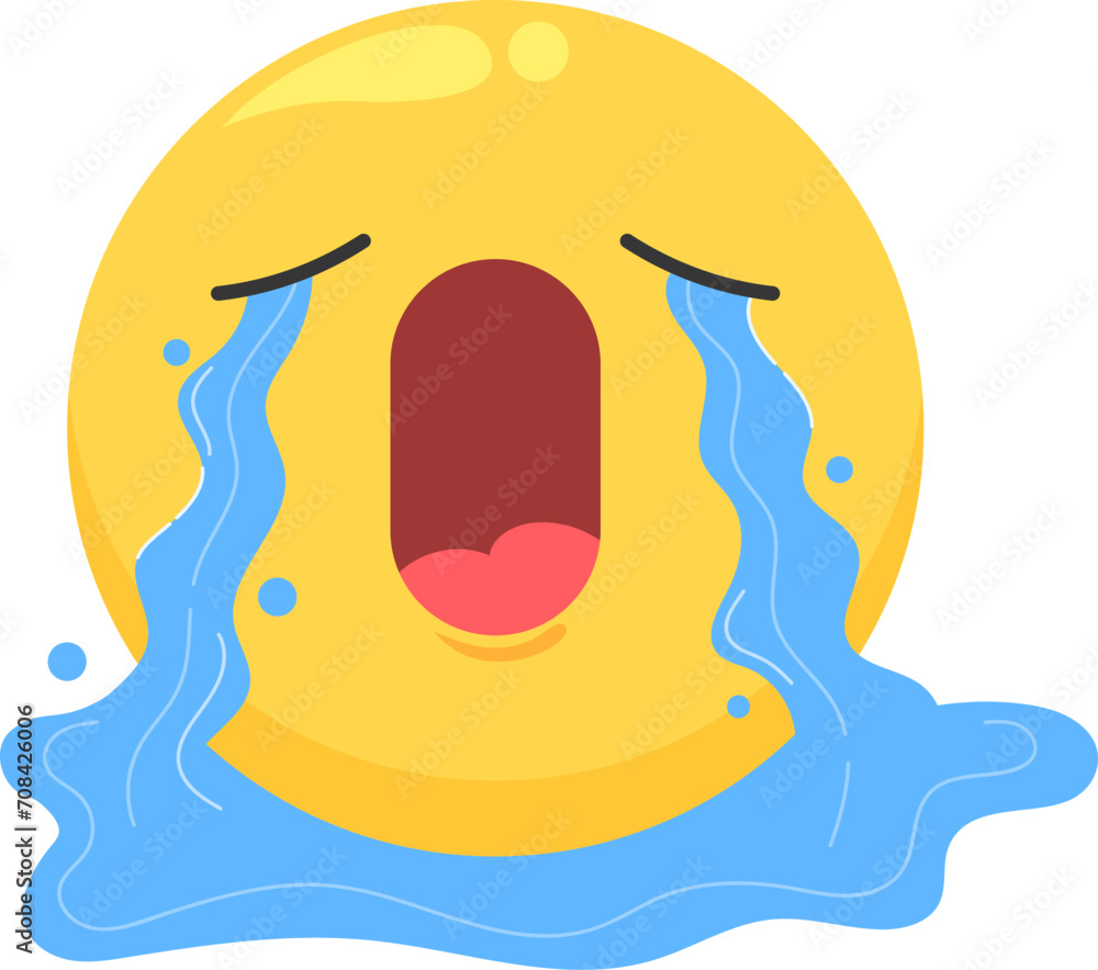 Vetor de Yellow face emoji crying with blue tears, mouth wide open in a ...