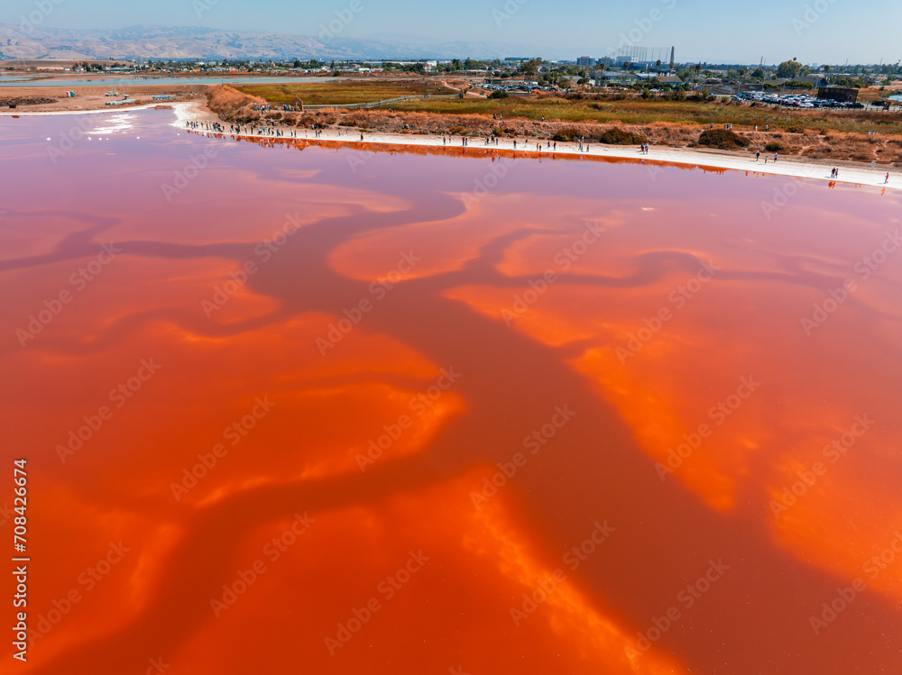 Aerial view of the Pink salt ponds at Alviso Marina County Park ...