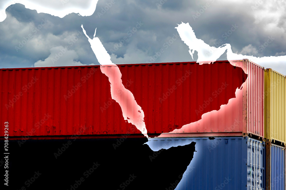 Containers with map of Red Sea and Suez Canal where Houthi attacked ...