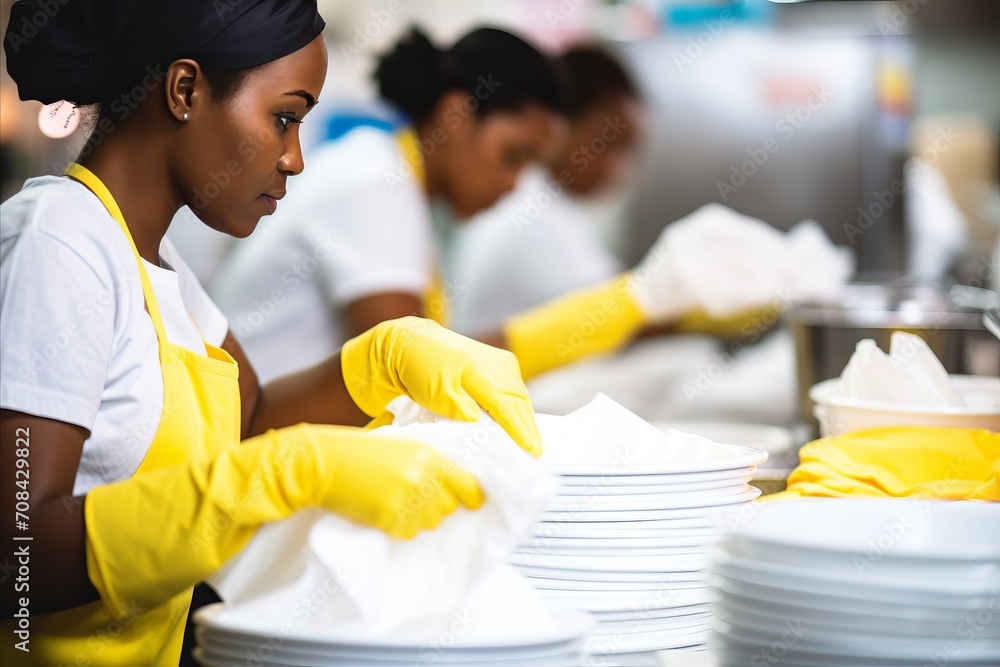 Black woman washing dishes in bright industrial kitchen with white ...
