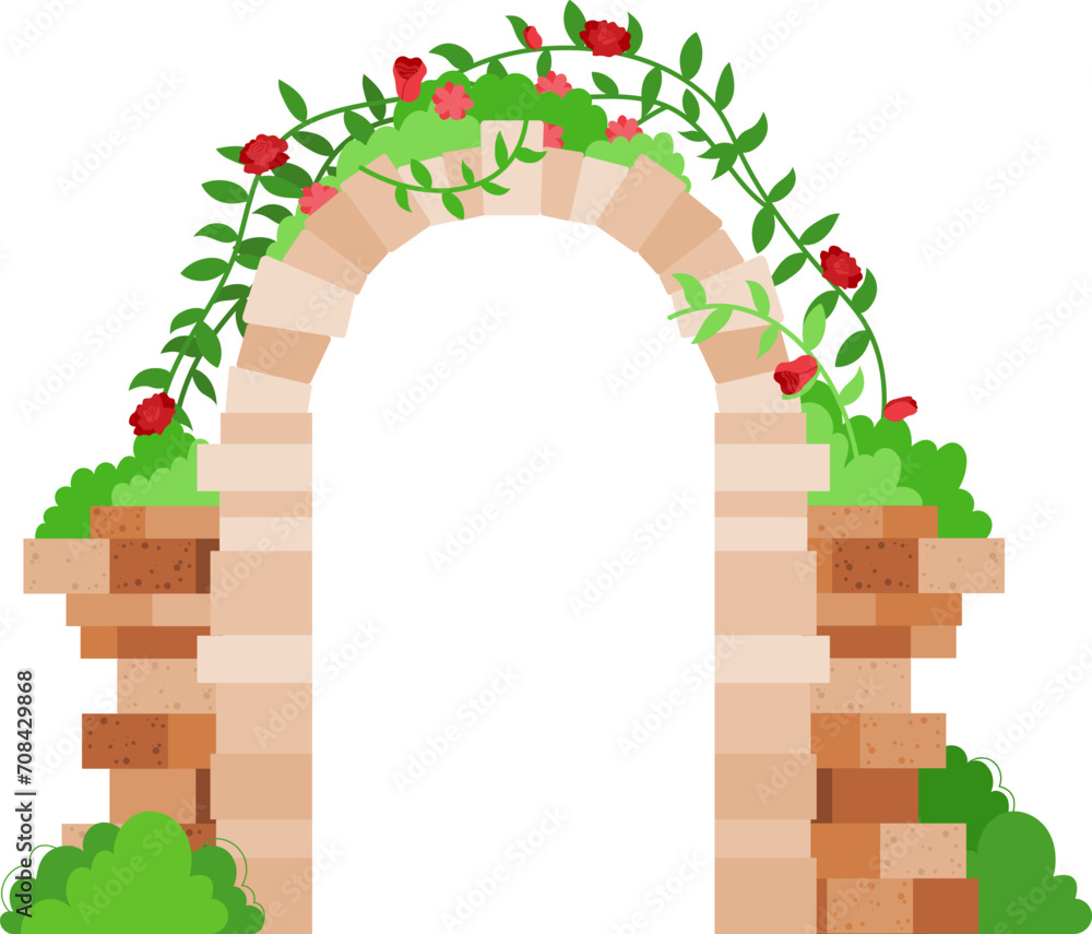 Stone garden arch with creeping plants and flowers. Garden pathway ...