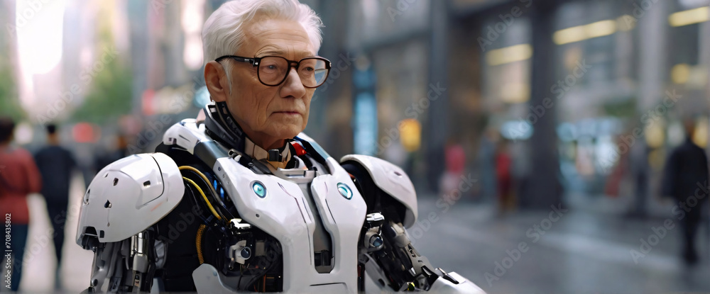 Elderly people and robots live side by side, robot helps an elderly man ...