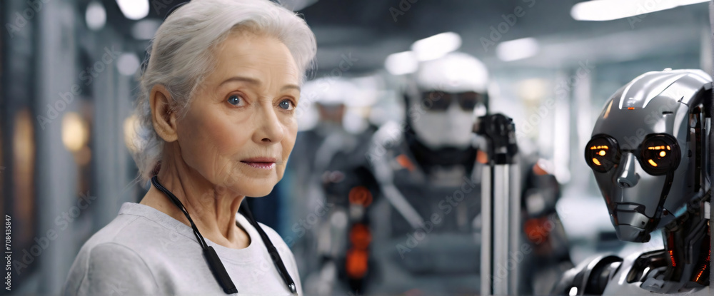 elderly people and robots live side by side, robot works automatically ...
