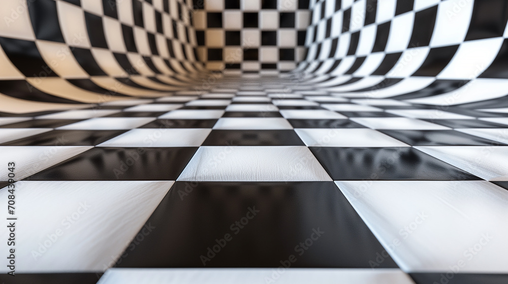 Perspective view of a black and white checkered tile floor, well-suited for use in graphic ...