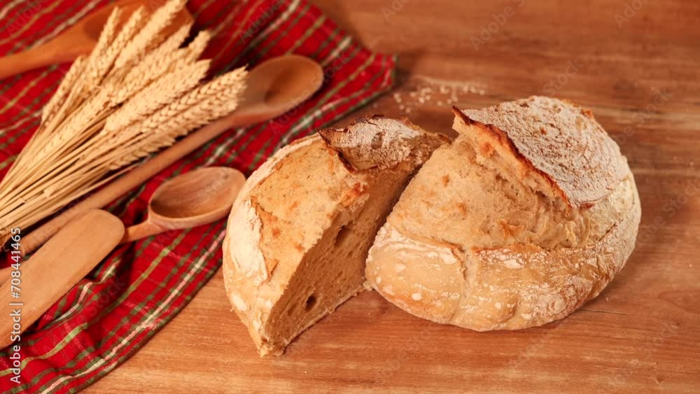 Slices of a delicious home made bread. Bread baking 4k video in a ...