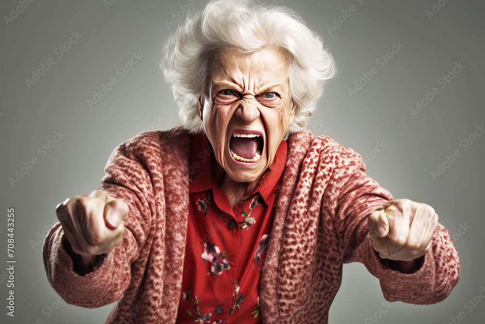 Elderly woman grandmother screams in angry anger, aggressively ...