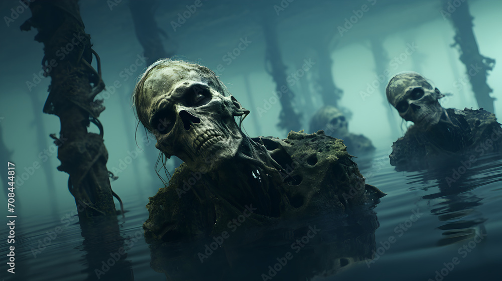 Dead bodies immersed underwater after the universal flooding on earth ...