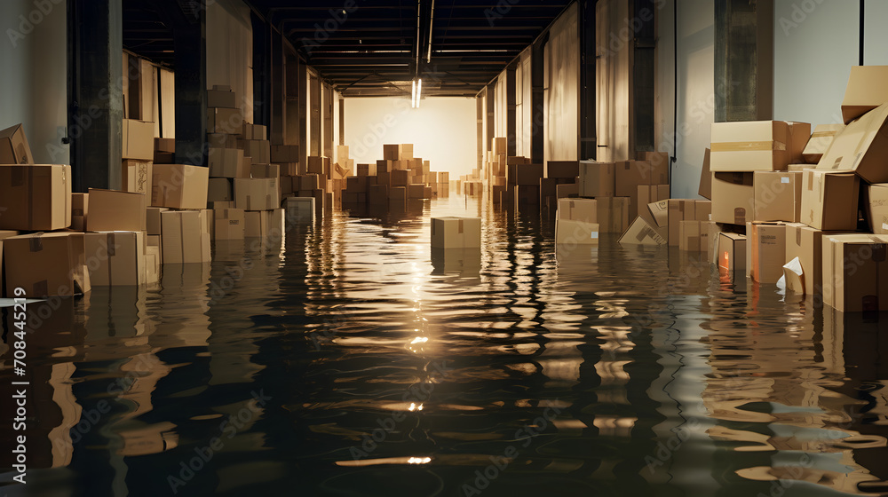 Flooded industry or warehouse along with cardboard boxes floats on ...