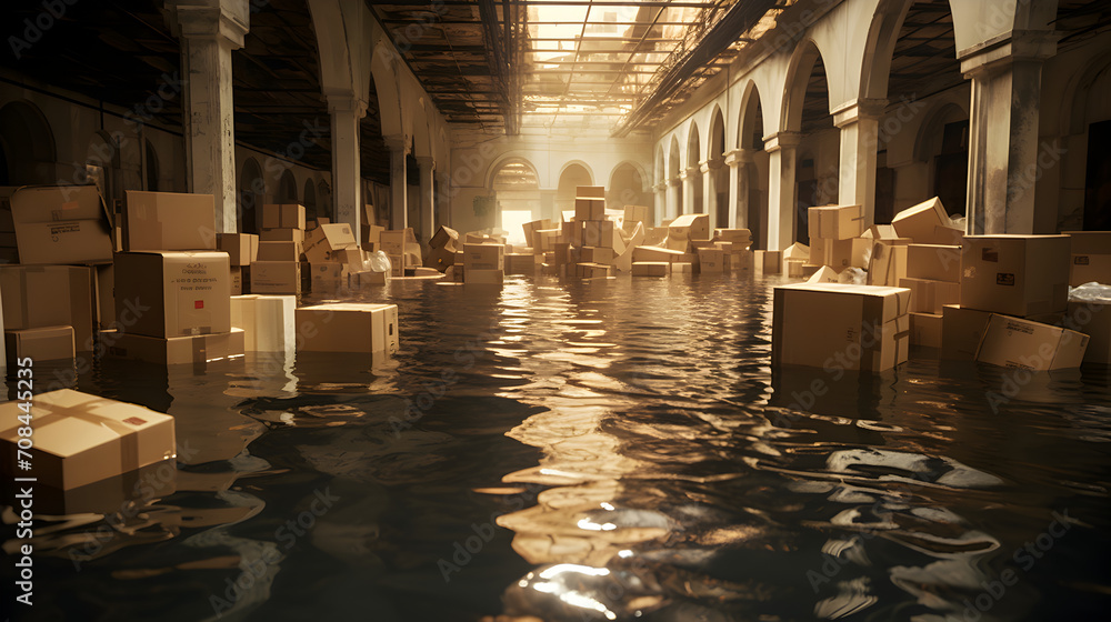 Flooded warehouse along with cardboard boxes floating on water due to ...