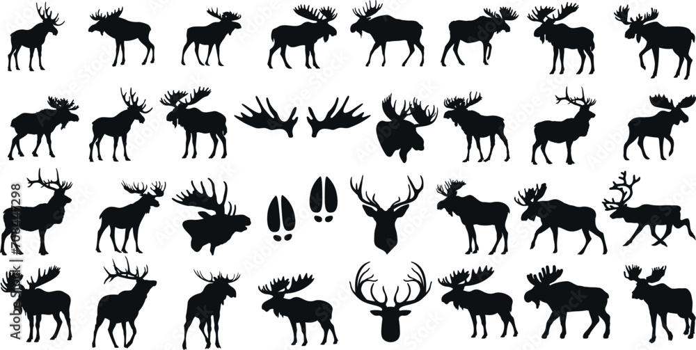 Moose silhouettes, moose vector collection. Various poses, antler sizes ...