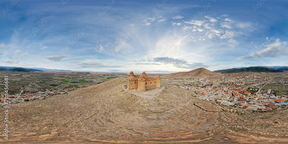 360º VR pano image. Calahorra Castle. Panoramic aerial view. Medieval ...