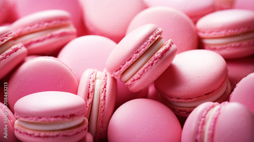 Pink strawberry macarons backdrop. View from above. Aesthetic delicious ...