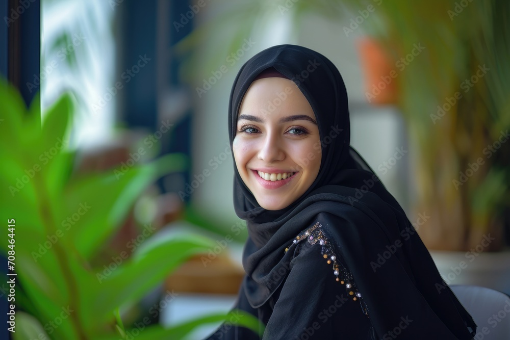 Teenage Muslim girl wearing a black hijab grins and looks directly into ...