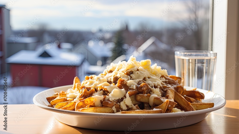 poutine on a plate on the dining table, ready to eat.Generative AI ...