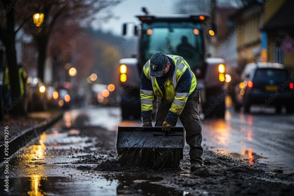 Male worker lays asphalt road repair road paving. A man in overalls is ...