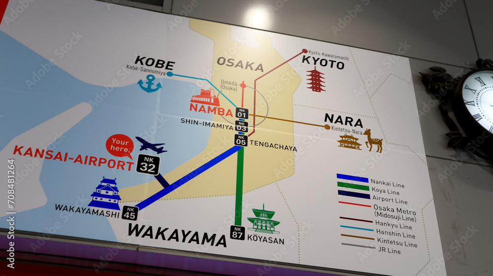 Route map of Nankai Railway in Kansai airport bound to Kansai area ...