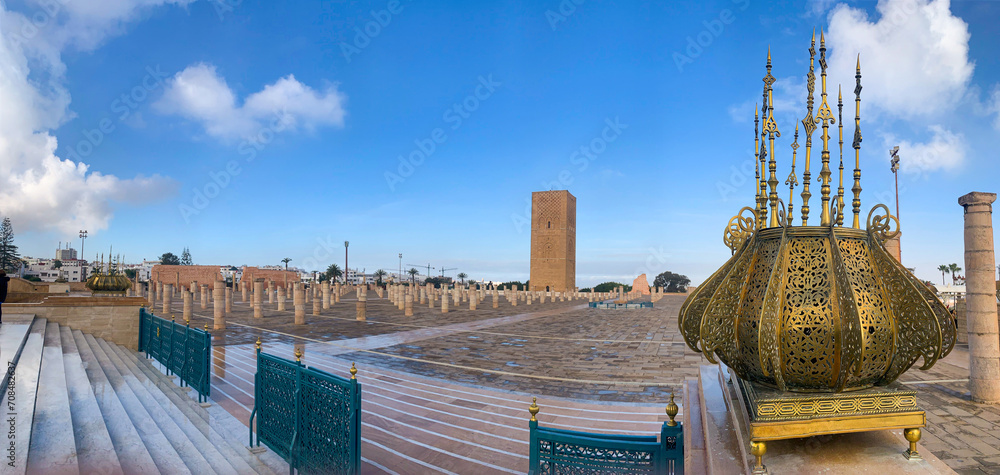 Rabat, Morocco, 04-05-2023: panoramic view of Hassan Tower, minaret of ...
