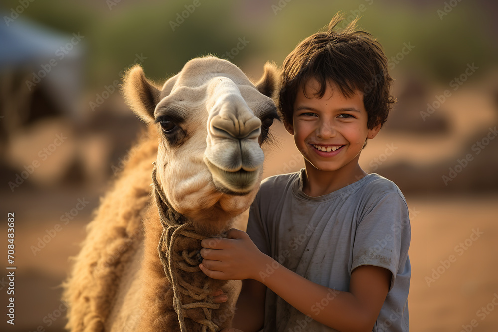 Illustrate children on a school trip to a camel sanctuary. They are ...