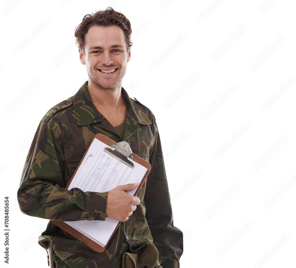 Military, recruitment and clipboard with portrait of man in studio for ...