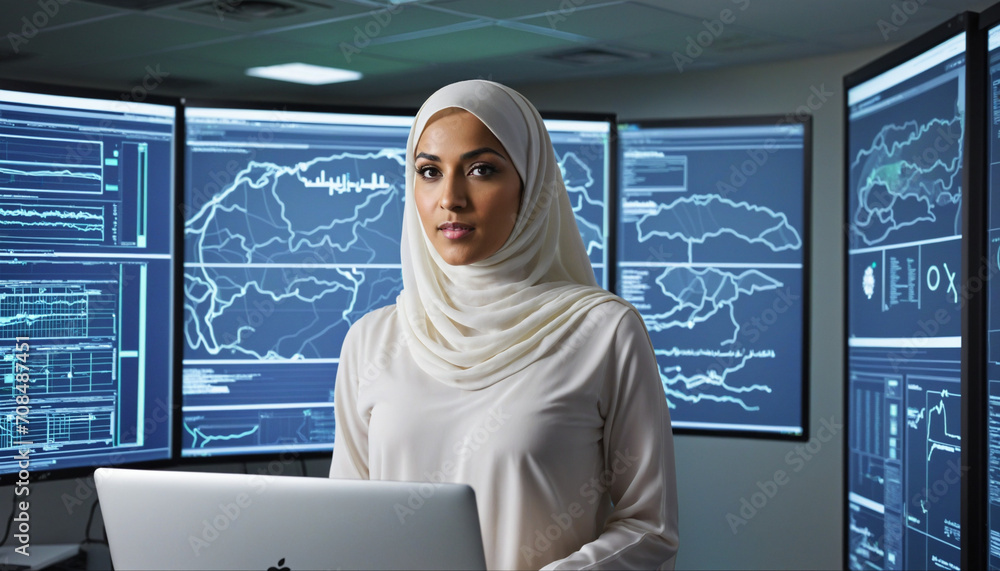 Muslim woman IT engineer in data center using AI neural network on ...