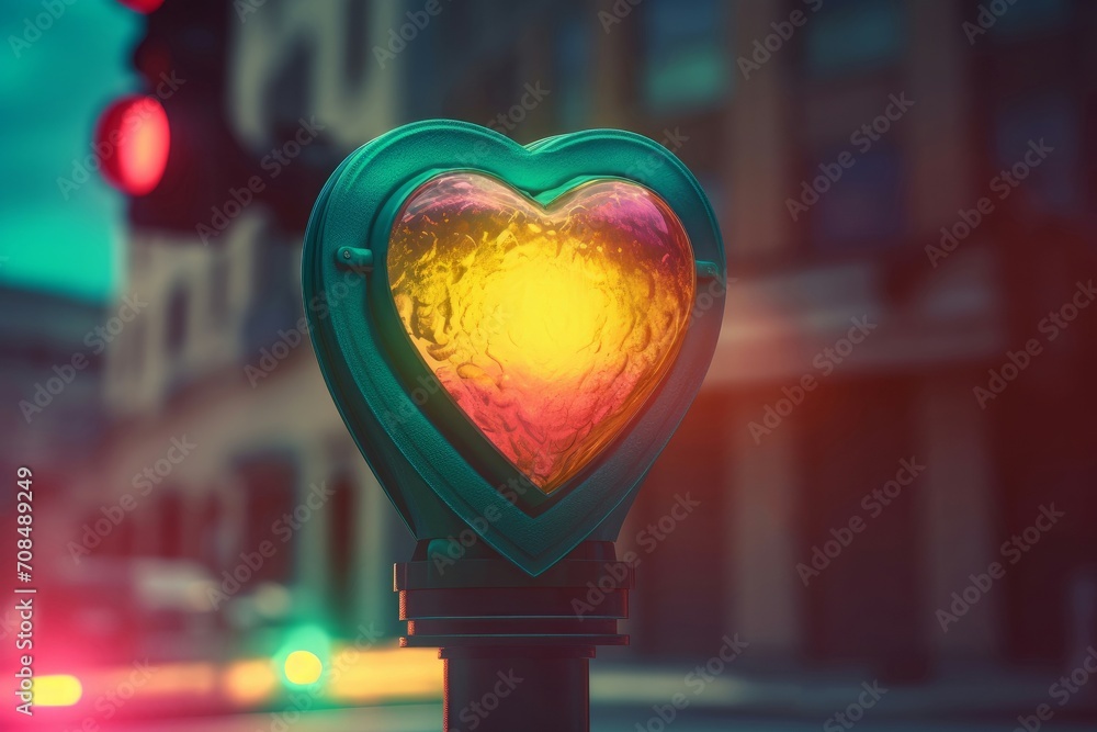 Traffic light heart shape. Metallic and symbolic lantern glow with ...