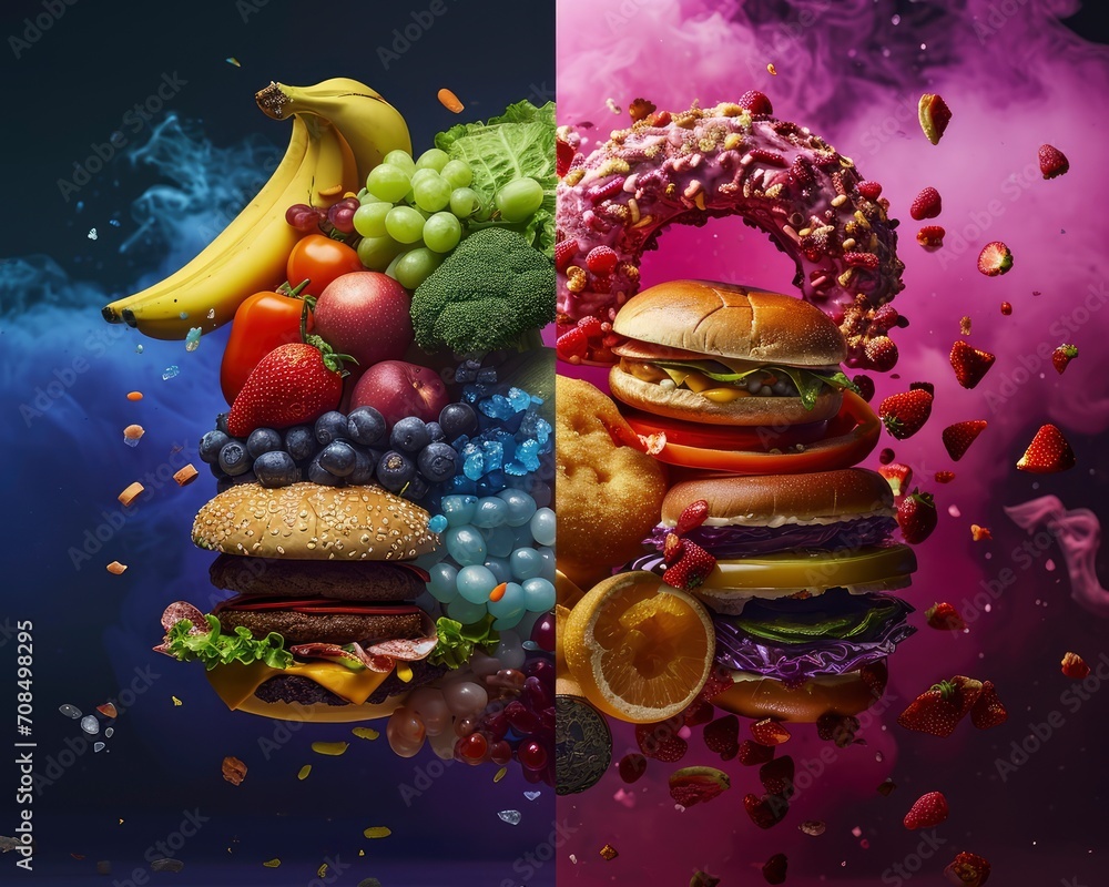 Striking Visual Concept Contrasting Fresh Nutrition and Unhealthy Junk ...