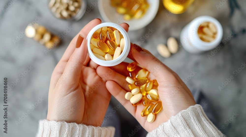 Healthy eating concept. Women take supplements on a white bottle. Omega ...