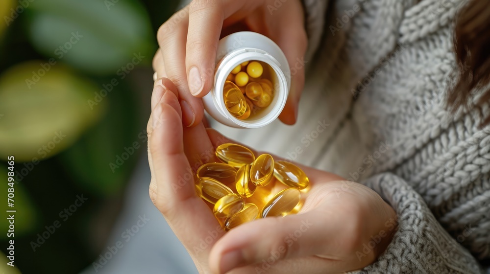 Healthy eating concept. Women take supplements on a white bottle. Omega ...