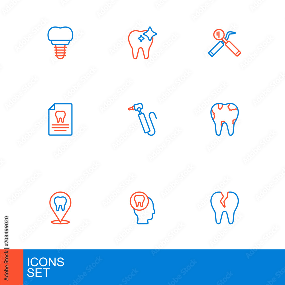 Set line Broken tooth, Toothache, Dental clinic location, Clipboard ...