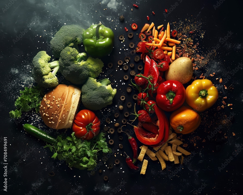 Striking Visual Concept Contrasting Fresh Nutrition and Unhealthy Junk ...