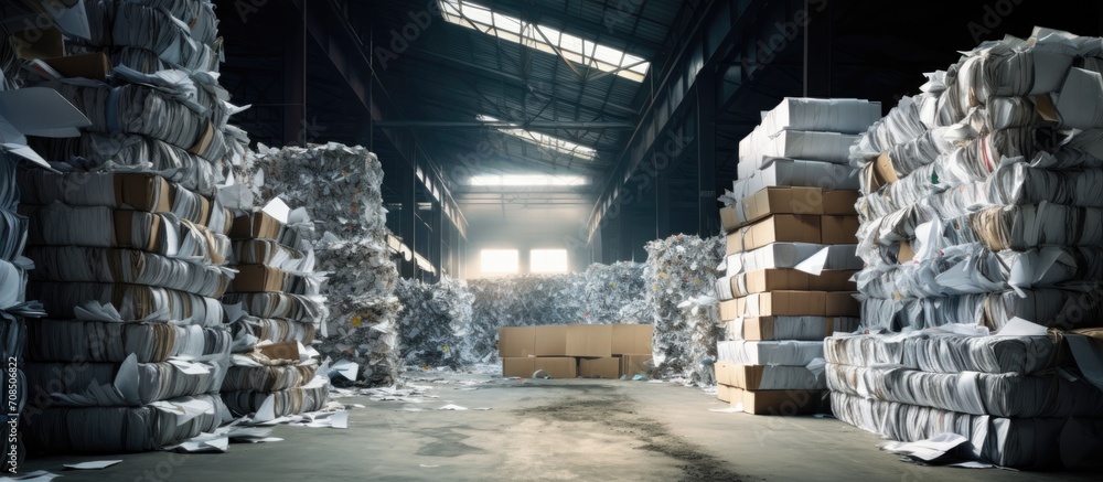 Piles of paper waste awaiting shredding at recycling facility. Stock ...