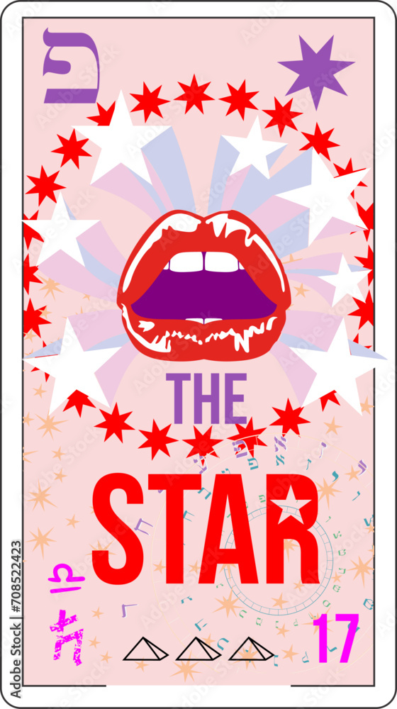 Egyptian tarot card number seventeen called The Star. Pink seven ...