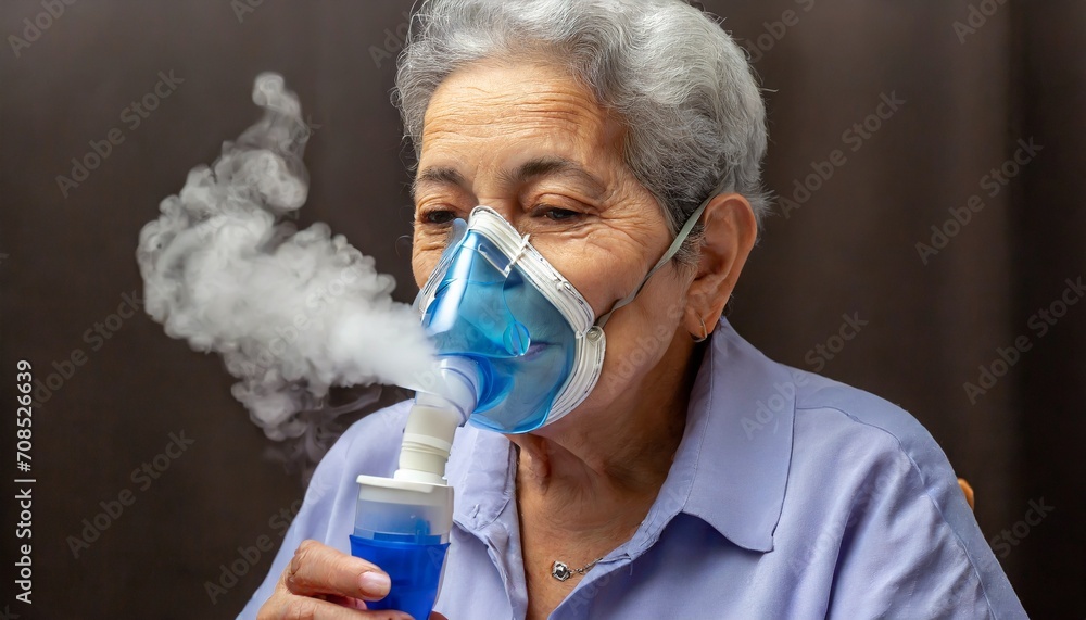 Old woman wear oxygen inhaler device for helping breath respiratory ...