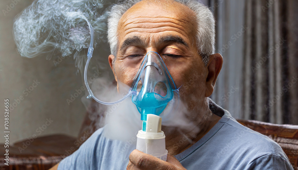 Old man wear oxygen inhaler device for helping breath respiratory ...