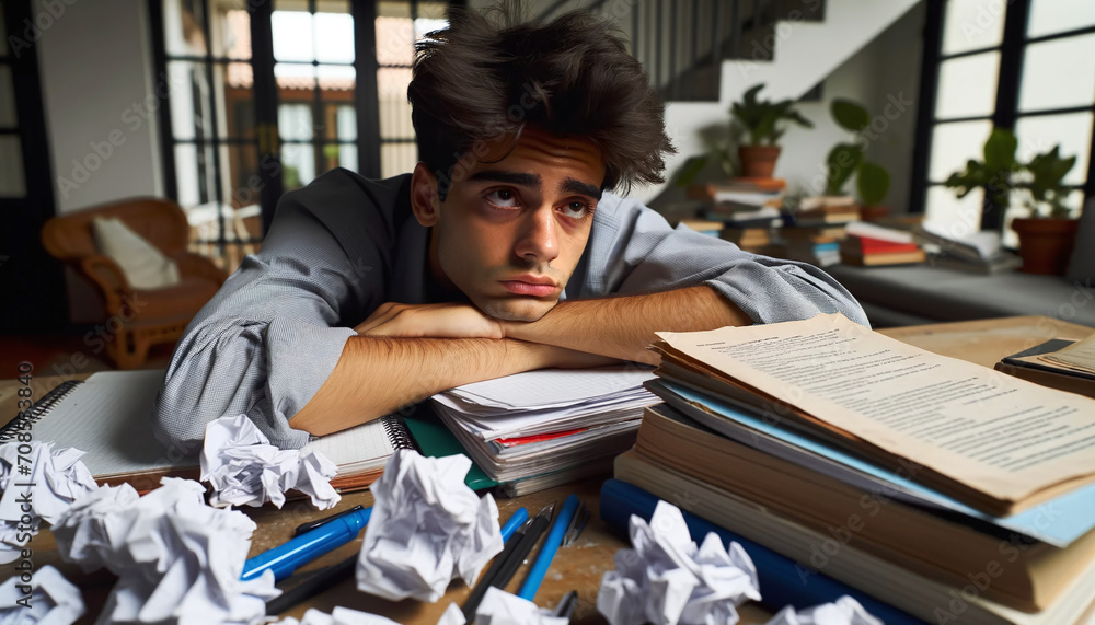 Estudiante Universitario Agobiado por Exámenes Finales, Tareas y ...