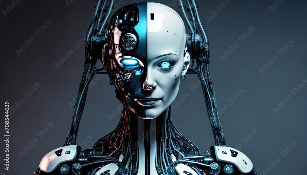 3D image of a full bodied or a man robot, half face of man half face of ...