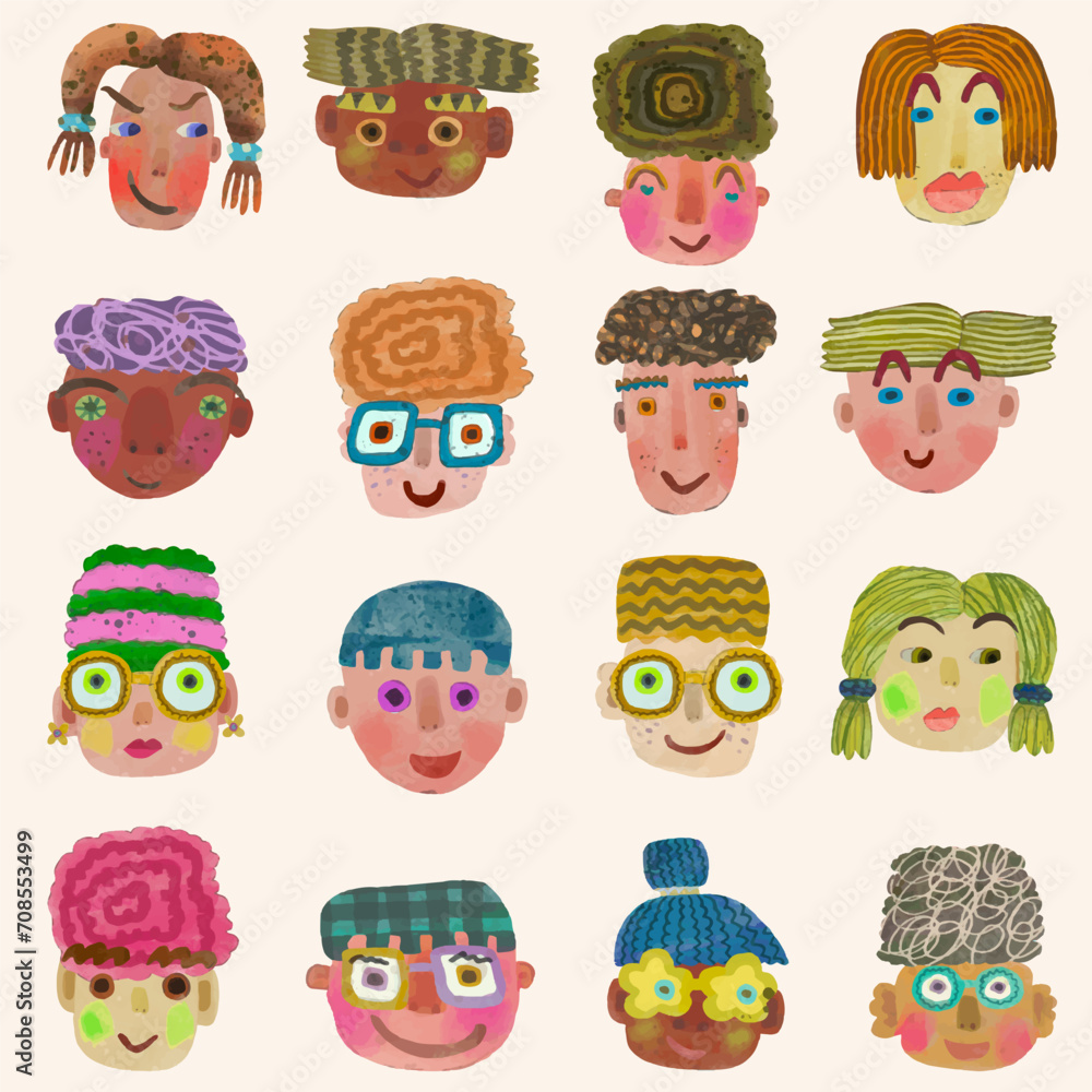 Smiling face of people. watercolor vecor illustration. happy kids ...