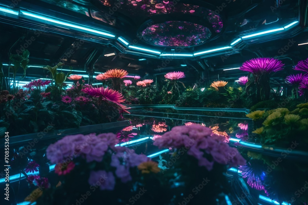 A futuristic botanical garden on a space station, with genetically ...