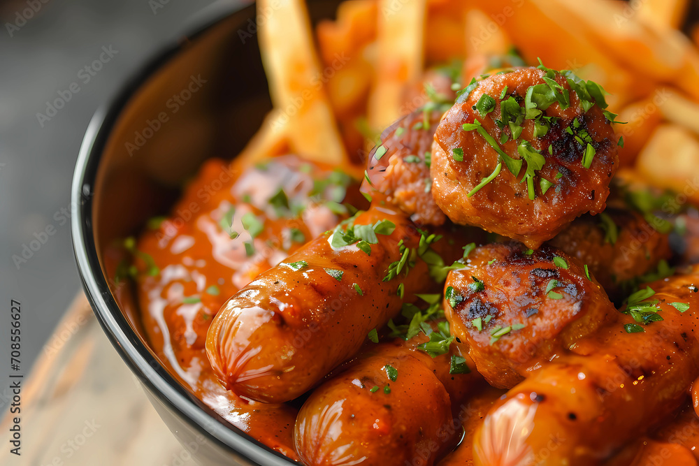 Currywurst, a beloved German street food classic, consists of succulent ...