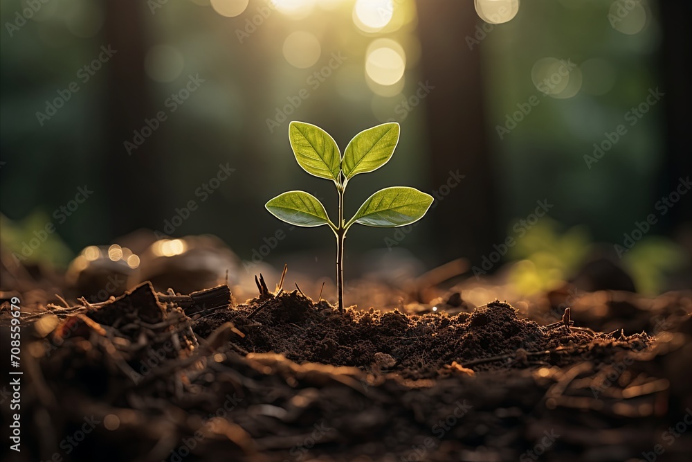 Young green plant in the forest, in the style of nature-inspired ...