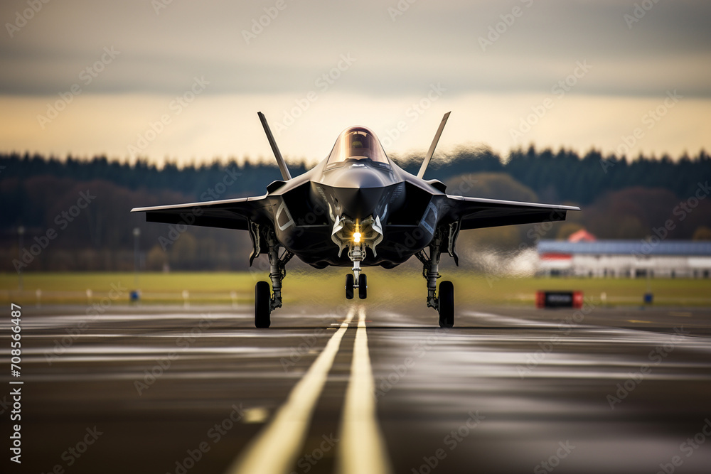 Military aircraft maneuvers on the runway, on the airfield of the ...