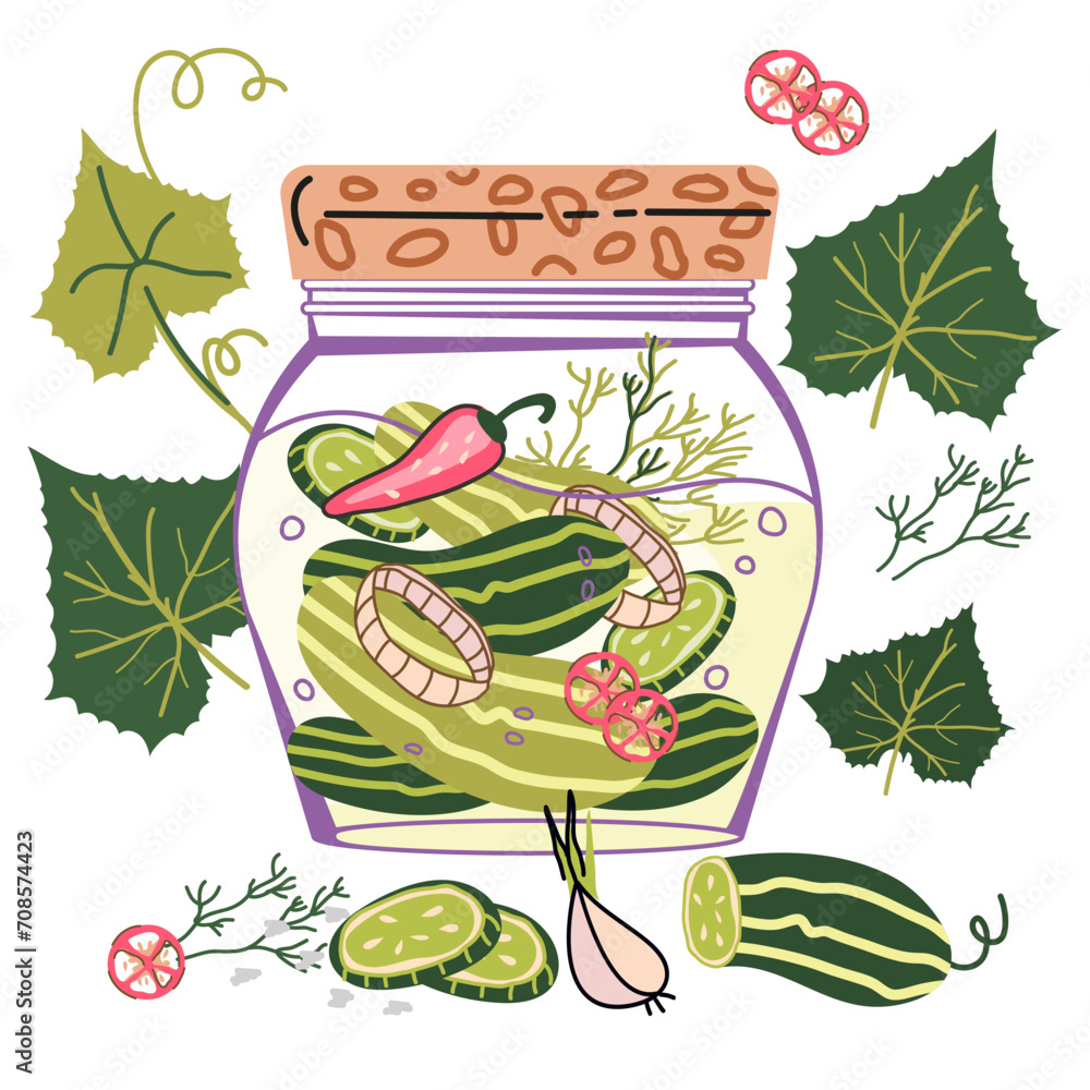 Jar with pickled cucumbers, doodle style vector illustration isolated ...