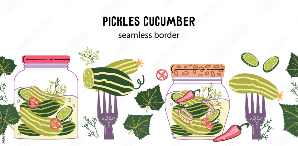 Seamless border design with pickled cucumbers, flat vector illustration ...