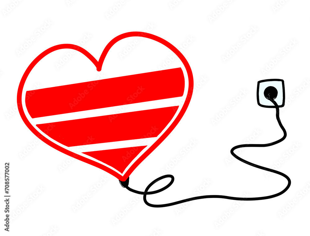 Corazón rojo cargando con enchufe de electricidad. Corazón cargando con ...