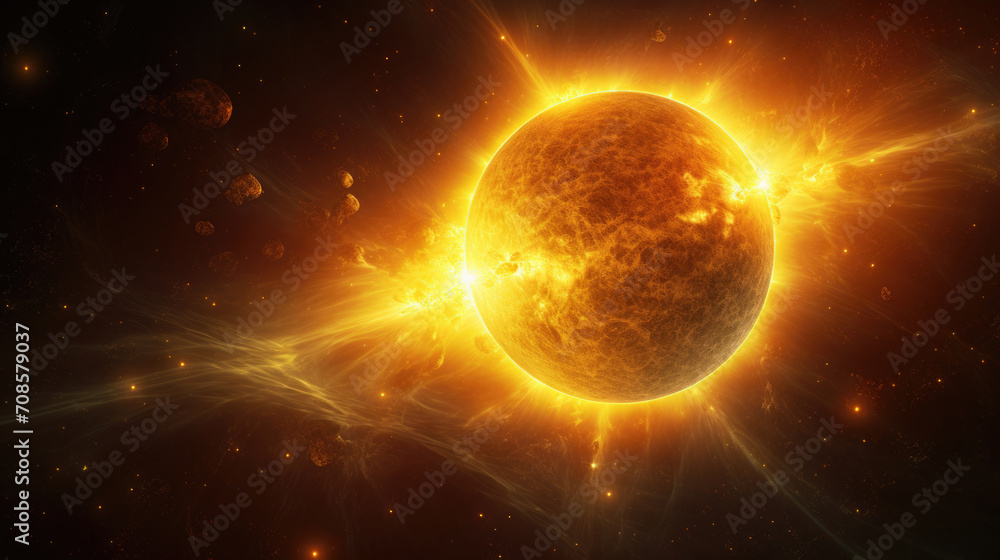 bright big yellow sun in space constellation stars rays of solar light ...