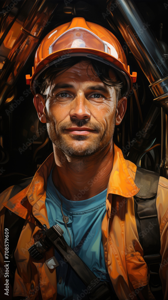 engineer male oil worker wearing orange uniform and protection helmet ...