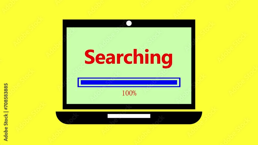 Flat screen monitor animated on a yellow background displaying a search ...