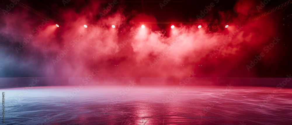 Red Ice Rink Background. Professional Arena illuminated red neon lights ...
